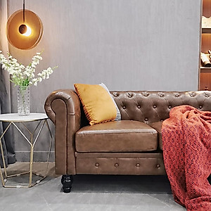 Lunanniu 88.2 Inch Classic Chesterfield Style PU Leather Sofa Rolled Arms Couch with Tufted Back Solid Wood Legs 3-Seater Couch for Living Room Elegant and Timeless Design Comfortable Seating Brown