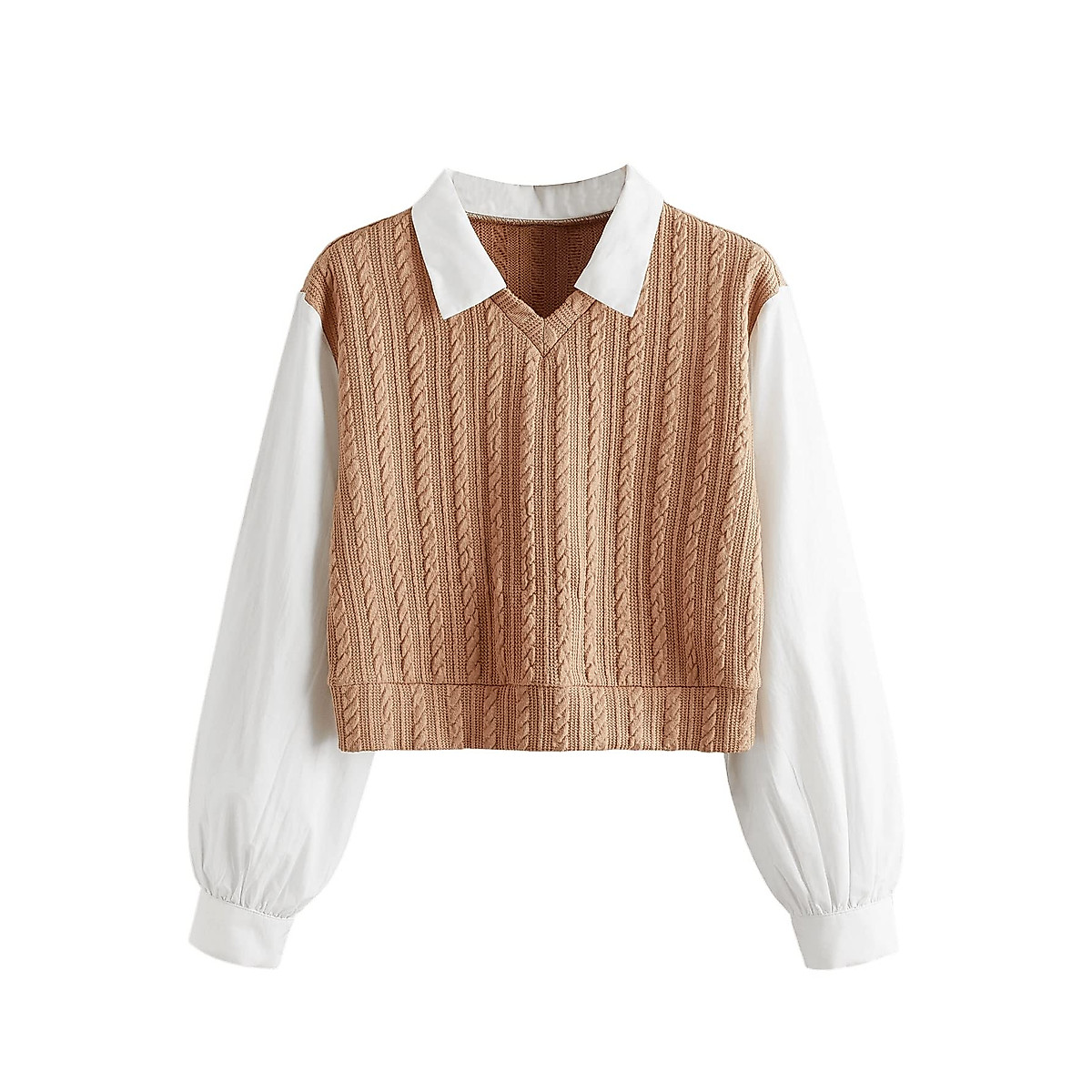 SweatyRocks Women's Collar Long Sleeve Shirt Ribbed Knit 2 in 1 Blouse Crop Top Sweater Shirt Top Cemel L