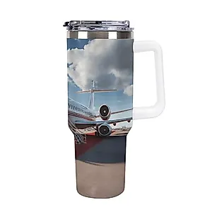 LLUTSNTH 40 Oz Vacuum Tumbler with White Handle Leakproof Insulated Tumbler Red Carpet Airplane Stainless Steel Travel Mug with Lid And Straw Coffee Cup Cute Water Bottles Cup Holder Friendly
