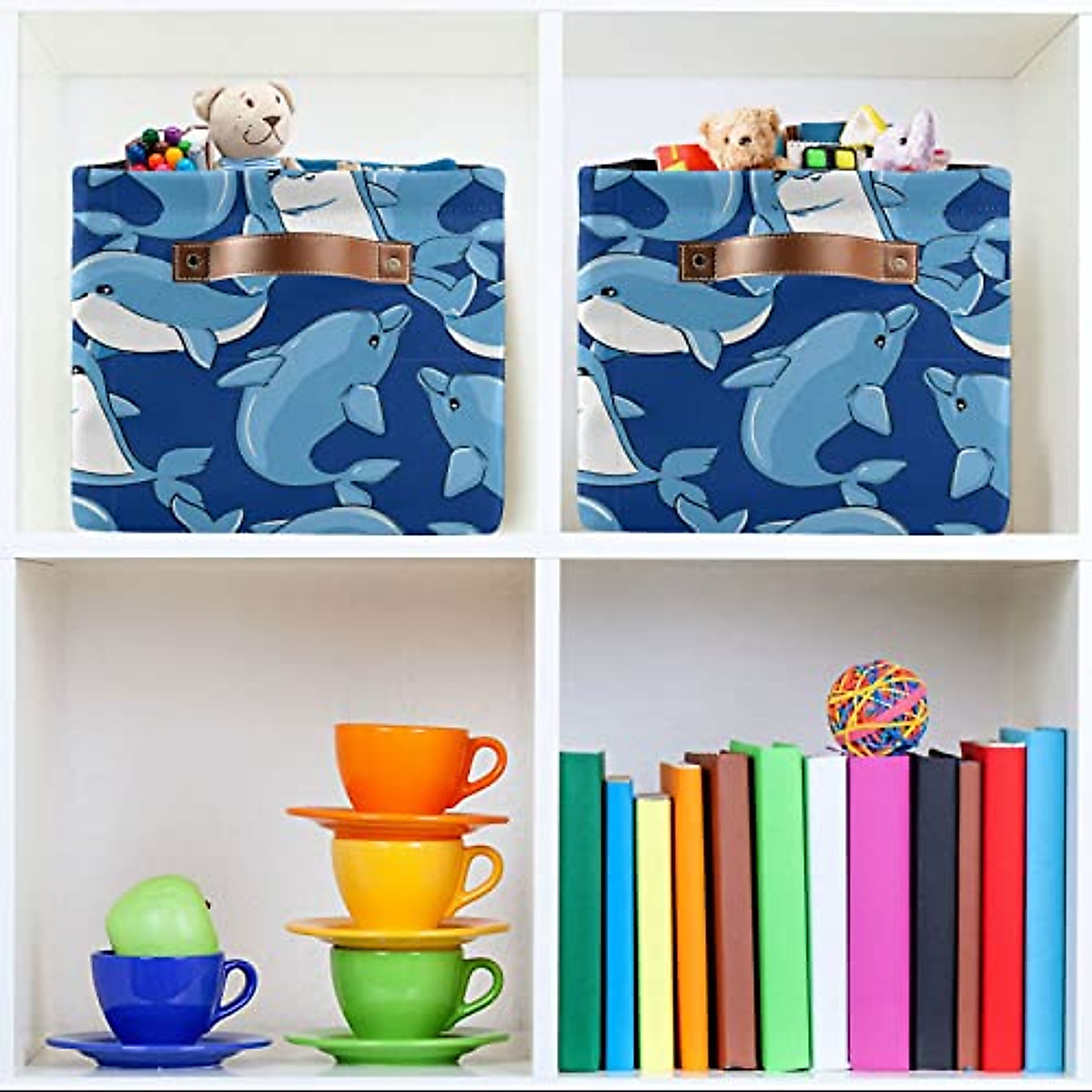 xigua Dolphins Pattern Square Storage Basket,Collapsible Sturdy Fabric Storage Basket Cube W/Handles for Clothes Toy Closet(1 pcs)-43