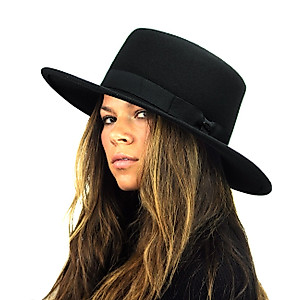 NYFASHION101 Wool Wide Brim Porkpie Fedora Hat w/Simple Band Accent - Black