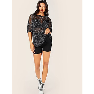 MakeMeChic Women's Summer Short Sleeve Tops See Through Mesh Sheer Sexy T Shirt Blouse Black Galaxy L