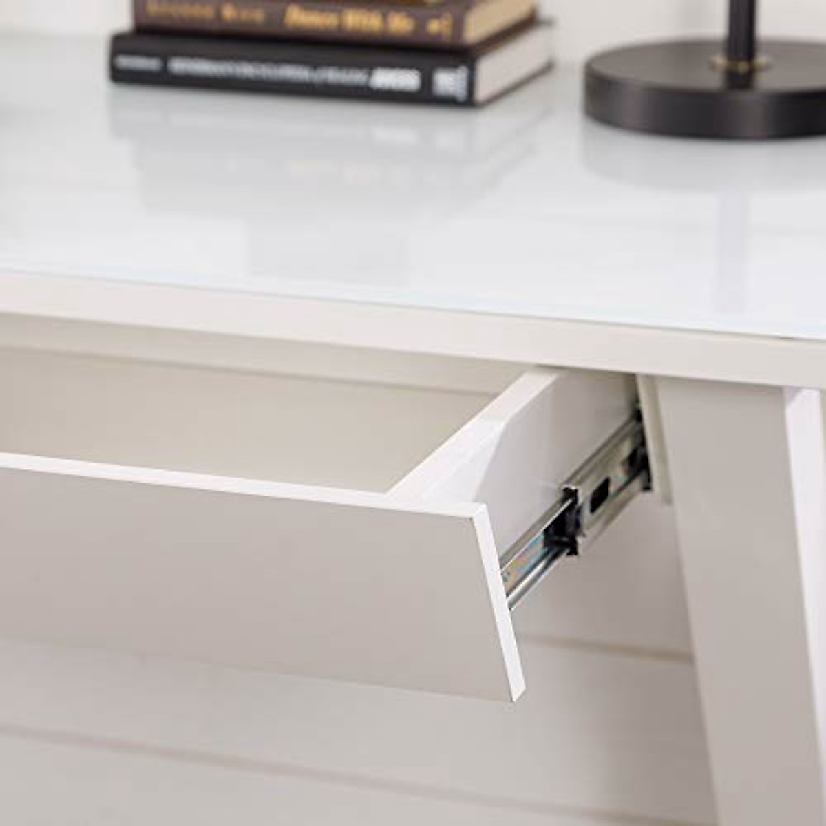 Walker Edison Lawrence Urban Industrial X Leg Glass Top Computer Desk, 48 Inch, White