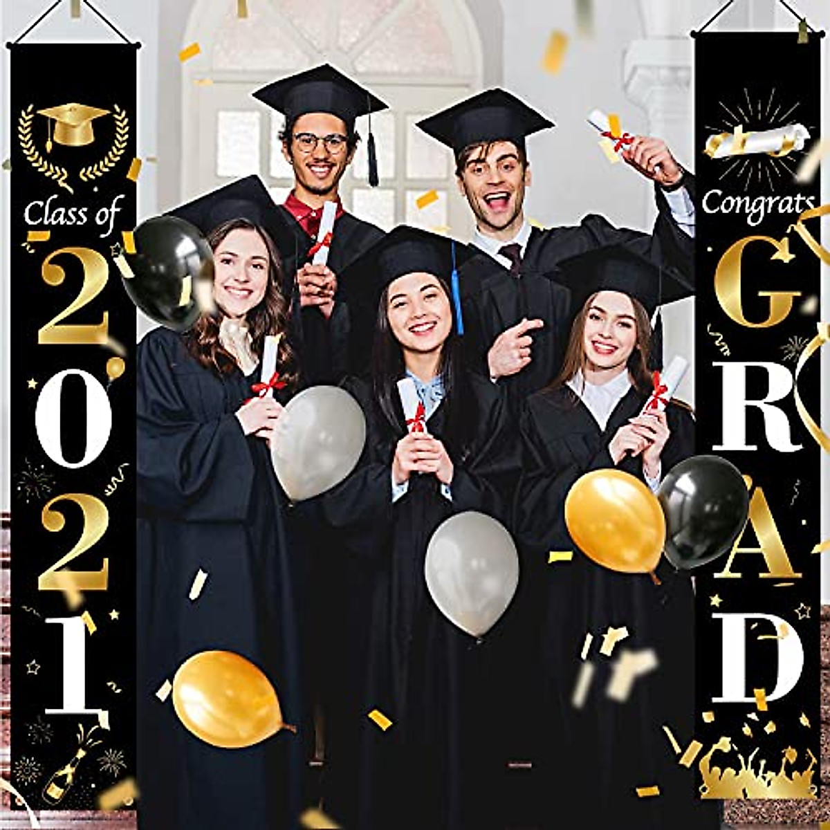 Graduation Decorations-2021,Graduation Decoration Hanging Banner Home Door Porch , Welcome Home Decor Sign,Congrats Graduation Party Supplies Hanging Gold Black And White Banner