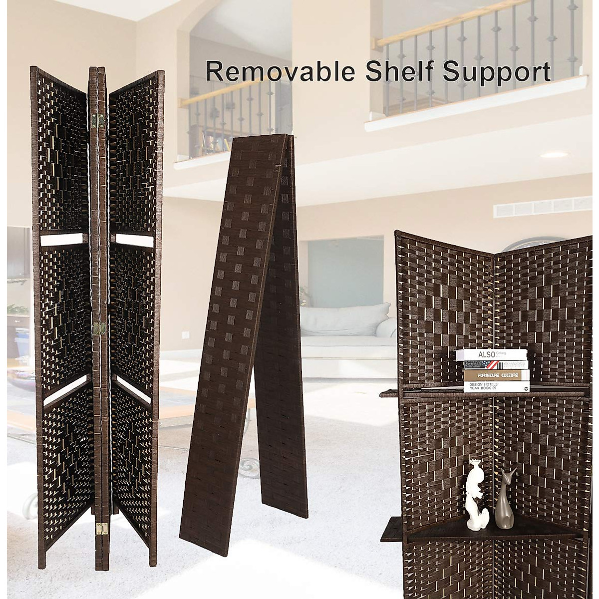 4 Panels Room Screen Divider Hand-Woven Design Room Divider 6 Ft High Fiber Freestanding Privacy with Wooden Removable Storage Shelves Screen Suitable for Living Room and Study, Brown