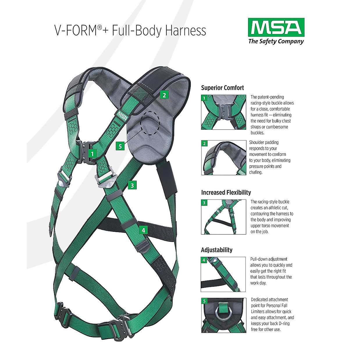 MSA 10205845 V-Form+ Full Body Safety Harness - Size: Standard (Medium), D-Ring Configuration: Back, Tongue Buckle Leg Straps, With Shoulder Padding, Full Body Harness