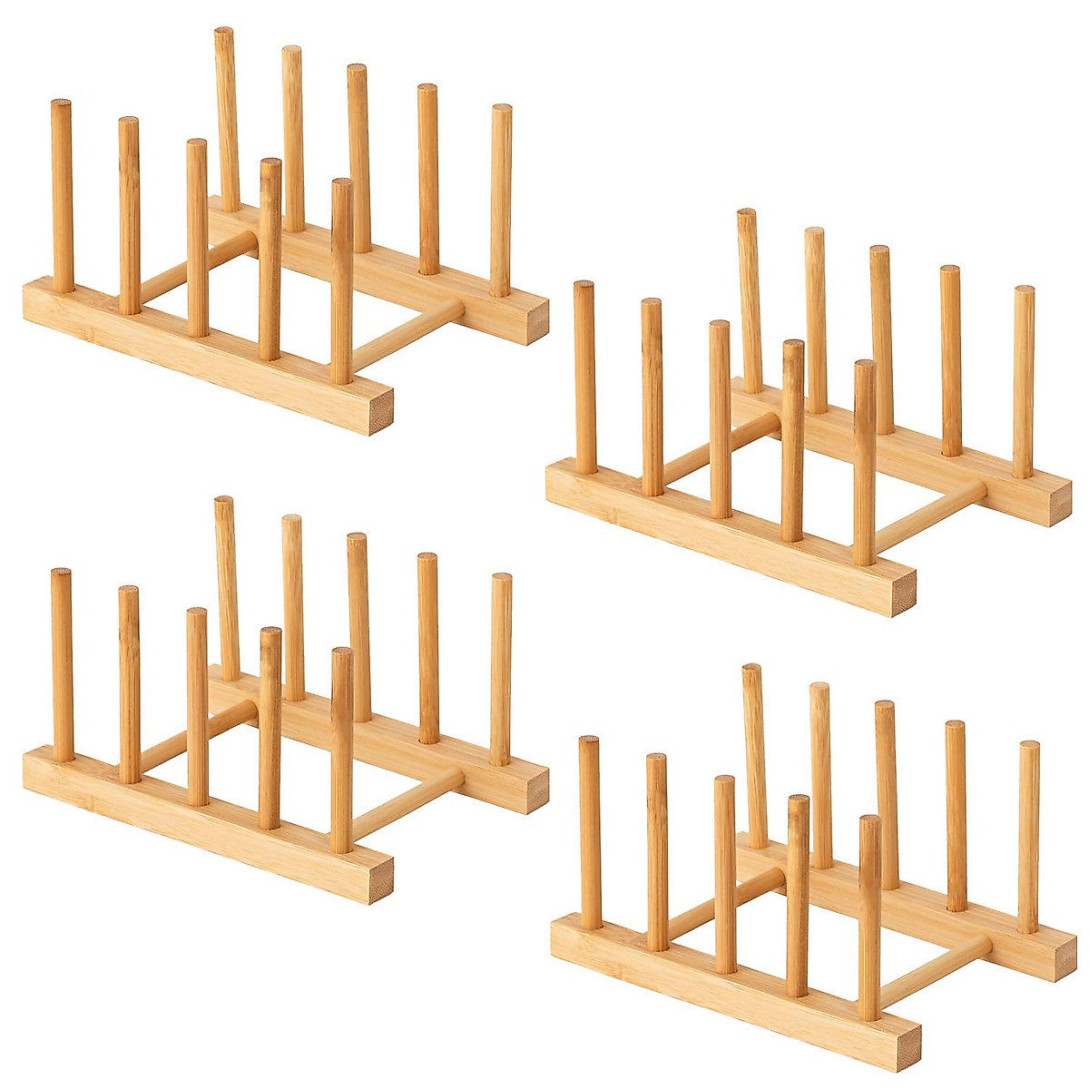 Yuixoseu 4 Pack Bamboo Dish Drying Rack, 4 Slots Wooden Plate Rack Stand Drainer Storage Holder for Dish, Plate, Bowl, Cup, Cutting Board, Lid, Book