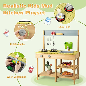 HONEY JOY Mud Kitchen, Fir Wooden Mud Table Play Kitchen for Toddlers, Running Water, Removable Sink, Kids Outdoor Kitchen Playset, Mud Kitchen for Kids Outdoor, Gift for Boys Girls