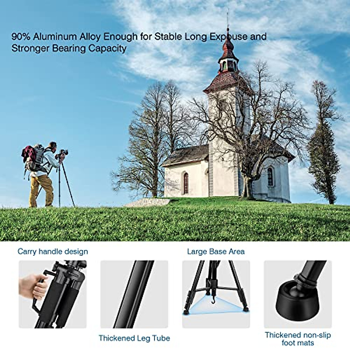 Victiv 72-inch Camera Tripod Aluminum Monopod T72 Max. Height 182 cm - Lightweight and Compact for Travel with 3-Way Swivel Head and 2 Quick Release Plates for Canon Nikon DSLR Video Shooting - Black