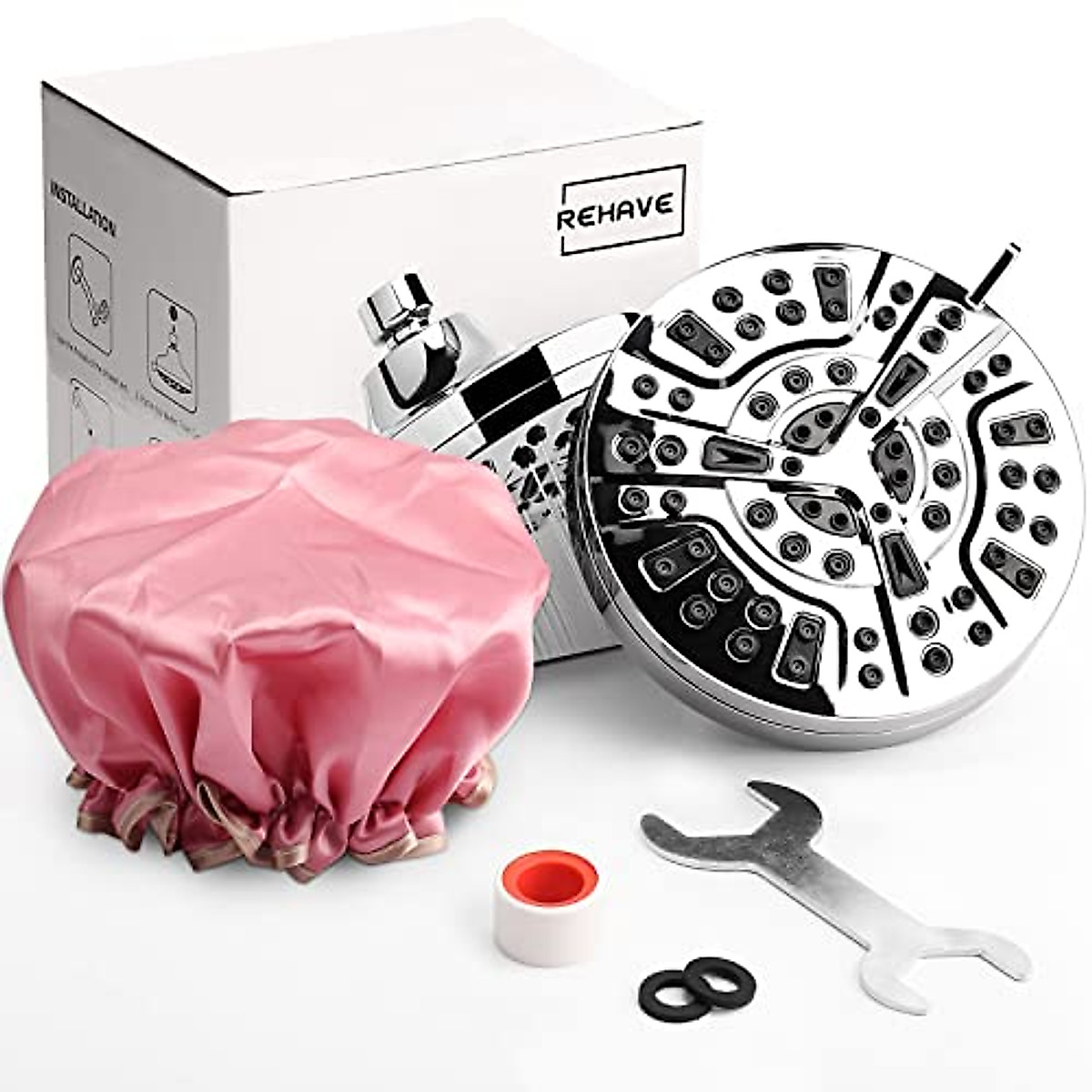 Shower Head, REHAVE Rainfall ShowerHead, 5.1 Inches High-Pressure with 63 Jets 8 Spray Modes - Replacement for Bathroom Shower Heads - Anti-Clogging Silicone Nozzles, Brass Angle-adjustable Ball Joint