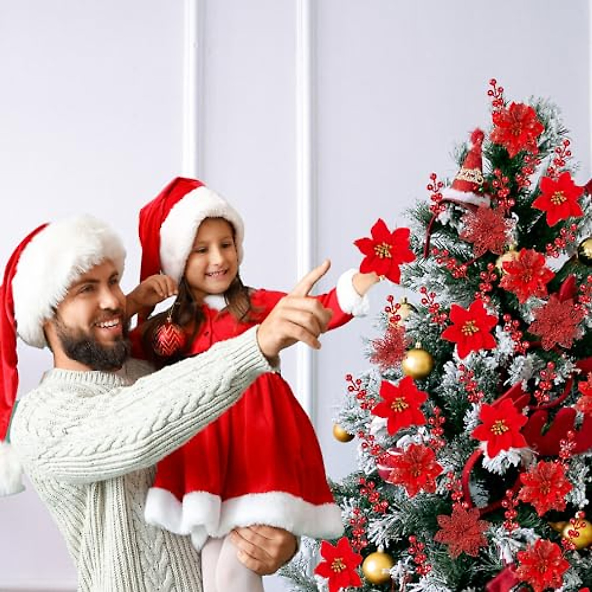 Sggvecsy 30 Pcs 3 Styles Christmas Glitter Poinsettia Flowers Artificial Berry Picks Christmas Tree Ornaments Artificial Christmas Flowers with Clips for Xmas Wedding Wreath Floral Decorations(Red)