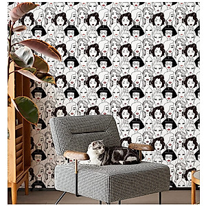 HAOKHOME Modern Peel and Stick Wallpaper Cool Ladies Black/White/Red Lips Removable Vinyl Self Adhesive Contactpaper 17.7in x 9.8ft
