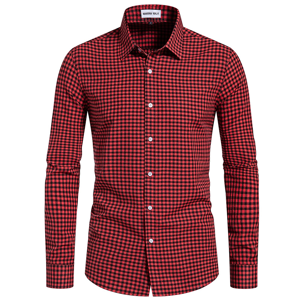 Manwan walk Men's Plaid Button Down Shirts Slim Fit Long Sleeve Casual Business Shirts Red/Black XL