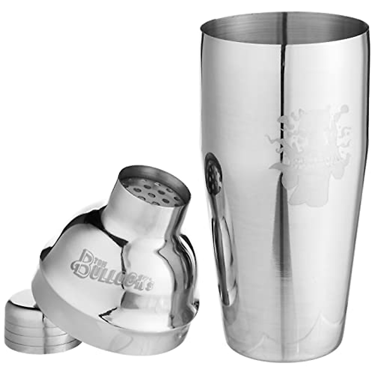 5 pc. Cocktail Shaker Bar Set by Tom Bullock's, The Original Tastemaker: 25 oz Stainless Steel Shaker, Double Measuring Jigger, Stirrer/Mixer Spoon, Strainer and Ice Tongs. Become The Ideal Bartender!