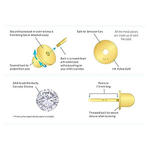 14k Yellow Gold Flower Cubic Zirconia Children Screwback Baby Girls Stud Earrings