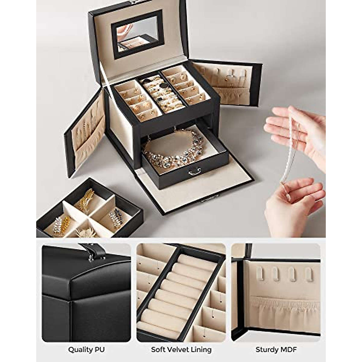 SONGMICS 3-Tier Jewelry Box, Travel Jewelry Case with Handle, 2 Drawers, Lockable Jewelry Organizer with Mirror, Jewelry Storage, Modern Style, Gift for Loved Ones, Black UJBC154B01