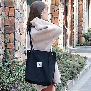 TCHH-DayUp Corduroy Tote Bag for Women Girl Canvas Handbags Shoulder Purse (Black) Medium