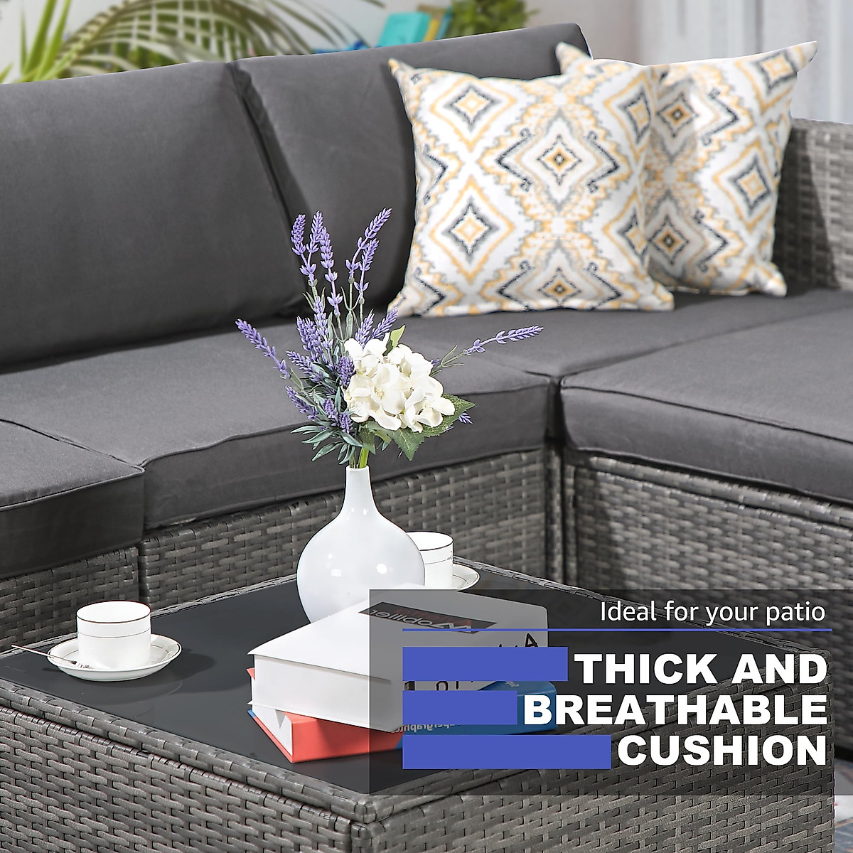 Patiorama Outdoor Wicker Loveseat 2 Pieces, All Weather Grey PE Rattan Sectional Corner Sofa Set, Additional Extra Chairs for Outdoor Sectional Sofa Set, Dark Grey Cushion