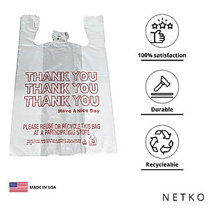 Netko Thank You Shopping Bags - Plastic Grocery Reusable White Bags | T-shirt Bags | Heavy Duty Gift Carrier Market Bags in Bulk 50 Pack