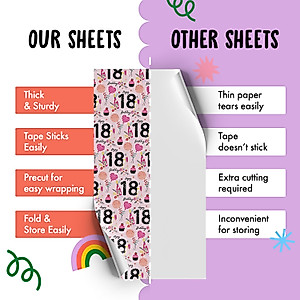 CENTRAL 23 Girls Wrapping Paper Birthday - 6 Sheets of Pink Gift Wrap - 18th Birthday Wrapping Paper for Women Her Friends - For Daughter - Age 18 - Comes with Fun Stickers