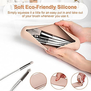FERYES Travel Makeup Brush Holder, Silicon Trendy and Portable Cosmetic Face Brushes Holder, Soft and Sleek Makeup Tools Organizer for Travel-Khaki