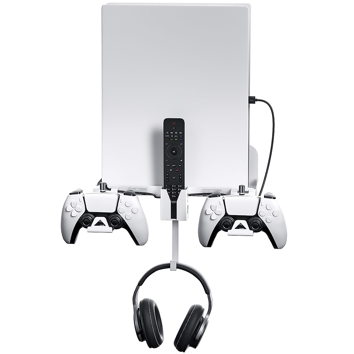 ROCHIE PS5 Wall Mount Bracket PS5 Wall Stand with 2-in-1 Magnetic Charging Cable for Playstation 5 Disc/Digital Edition, with Detachable Controller Holder & Headphone Hanger White