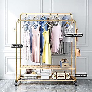 Thick forest Double Layer Clothes Rack Clothes Rack with Wheels Clothing Rack Rolling Rack Metal Rolling Garment Rack with Double-Tier Shelves, Clothes Storage and Organizer (Gold)…