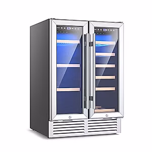 CHEFJOY Beverage and Wine Cooler Refrigerator, Dual Zone 2-in-1 Wine Fridge Cellar w/Independent Temperature Control, LED Lights, 18 Bottles & 57 Cans, Quiet Operation, Freestanding or Built-in