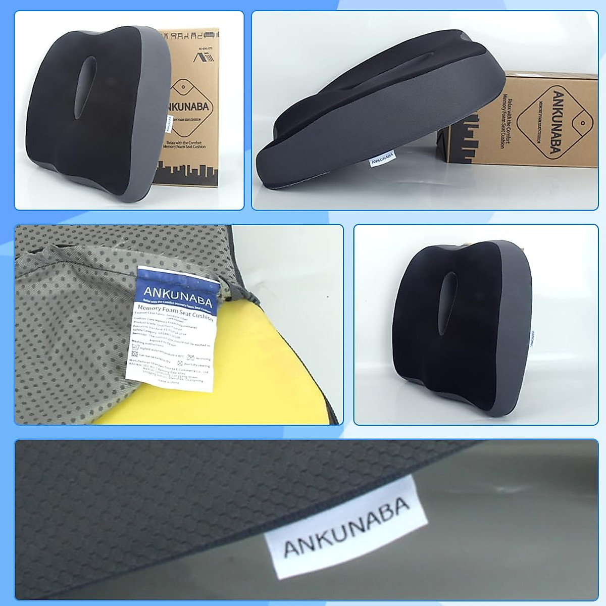 ANKUNABA Seat Cushions for Office Chairs, Large Memory Foam Chair Pad for Coccyx Tailbone Sciatica Back Pain Relief, Orthopedic Butt Pillow for Desk Car Wheelchair Computer Long Sitting (Black)