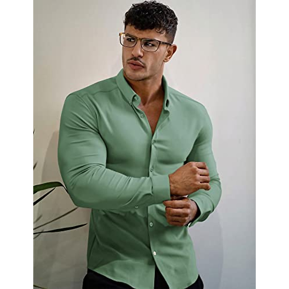URRU Men's Muscle Dress Shirts Slim Fit Stretch Long Sleeve Casual Button Down Shirt Light Army Green L