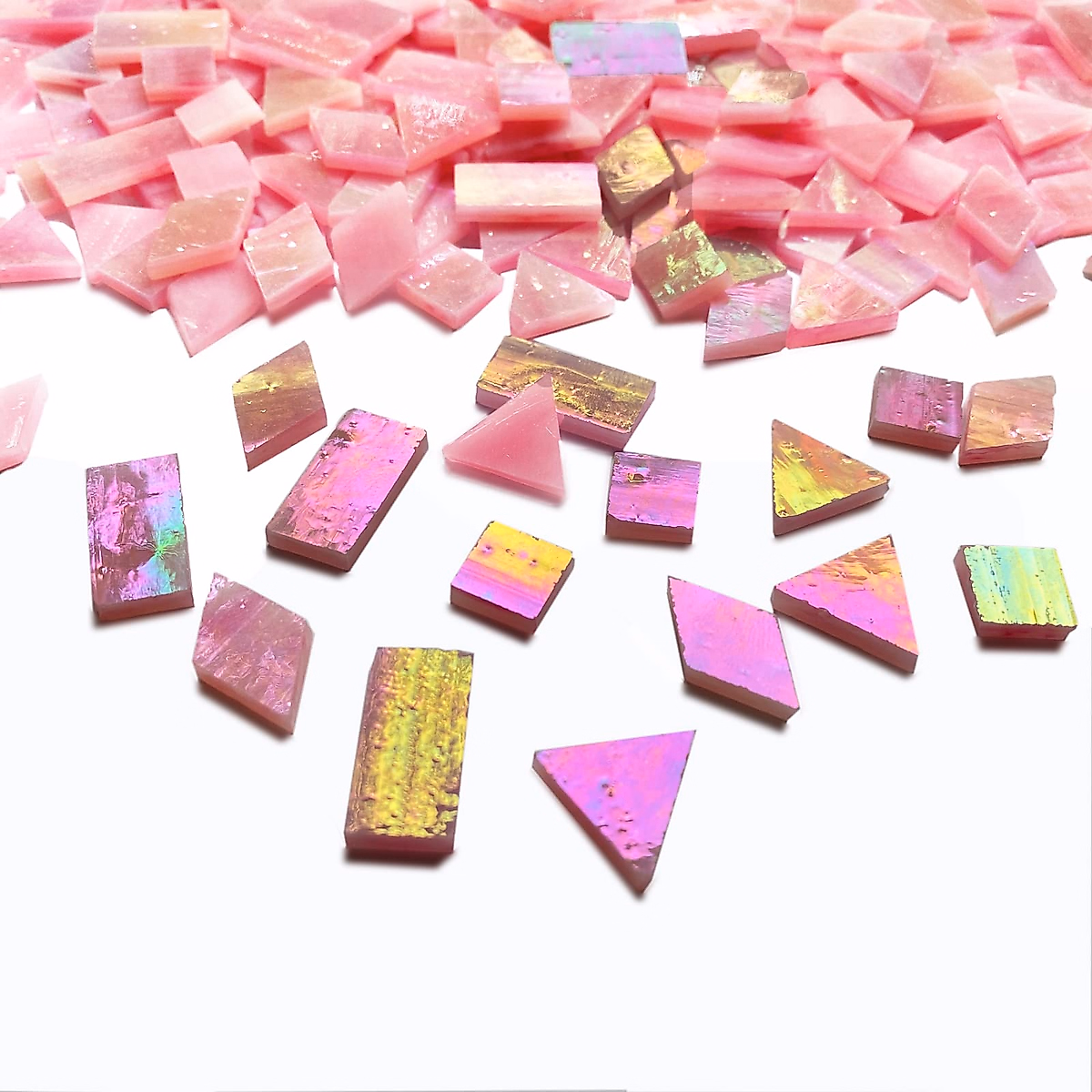 KALUCION Magic Iridescent Pink Stained Glass Mosaic Tiles for Crafts, 280 Pieces Mixed 4 Shapes Stained Glass Sheets Pieces for Mosaics