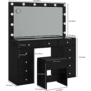FUSOU Vanity Desk with Power Outlet, Makeup Vanity with Mirror and 12 LED Lights, 3 Lighting Modes,11 Drawers Vanity Table with Chair, Glass Top, Vanity Set for Bedroom,Dressing Room (Black)