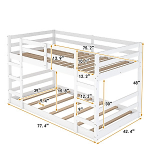 Prohon Twin Over Twin Bunk Bed for Kids Teens, Low Bunk Bed with Ladder and Guard Rail, Space Saving Bunkbed Solid Wood Slats Support No Box Spring Needed, Gray