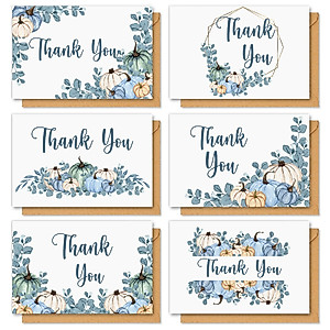 AnyDesign 36 Pack Fall Pumpkin Thank You Card Grey Blue Pumpkin Thank You Note Cards with Envelope Stickers Blue Eucalyptus Leaves Blank Cards for Fall Thanksgiving Baby Shower Wedding, 4 x 6 Inch