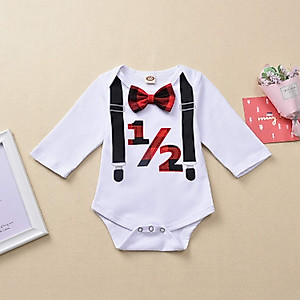 Baby Boy Half Birthday Outfit, Infant Buffalo Plaid Gentlemen Romper Bodysuit for 1/2 Birthday Party Cake Smash Clothes (Red, 6-9 Months)