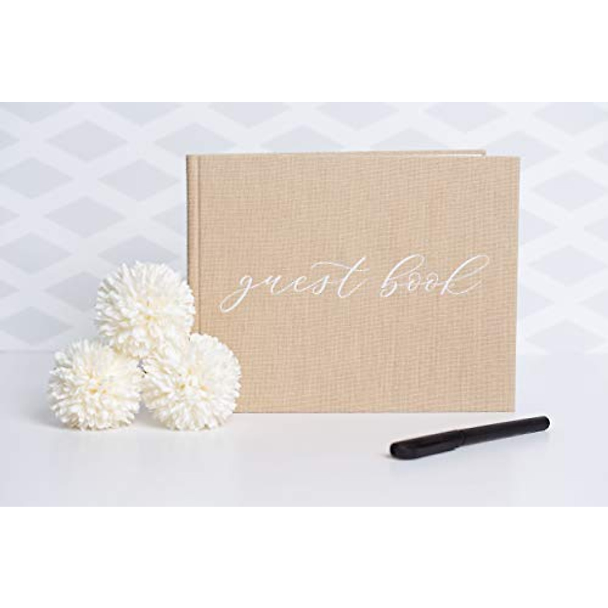 Pearhead Linen Beige Wedding Guest Book with White Script, Elegant Wedding, Rustic Wedding, Simple Wedding Décor, Bridal Shower Gift, Ivory