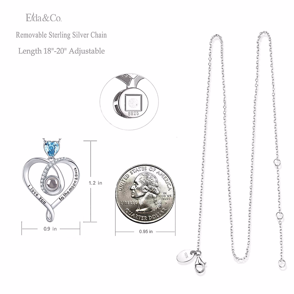 Birthday Gift for Women March Birthstone Aquamarine Jewelry Mom Wife I Love You Necklace 100 Languages to the Moon and Back Necklace Sterling Silver