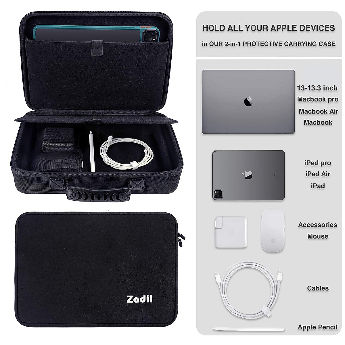 Zadii Hard Shell Locking Carrying Case for 12-14 inch Macbook Pro Macbook Air and iPad Pro, also Compatible with Surface Pro 8/X/7/6/5, Come with Protective Sleeve Bag