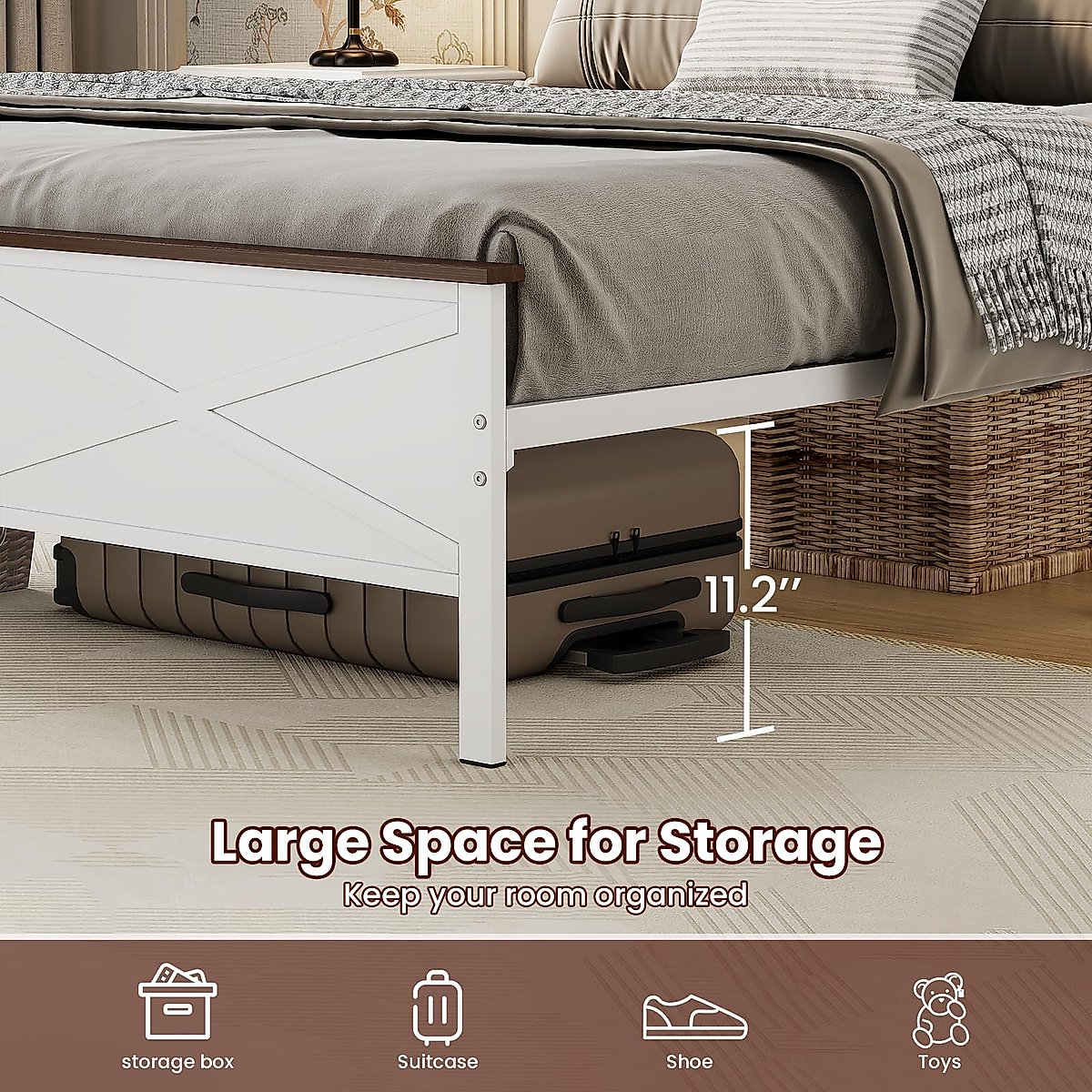 VOPEAK Farmhouse Queen Bed Frame with Headboard and Footboard, Bed Frame Queen Size Metal Platform with Under Bed Storage, Noise Free, No Box Spring Needed, Easy to Install, Sturdy & Stable, White