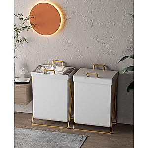 SYALEO X-Frame Collapsible Laundry Basket w/Leather Bag Sorter Organizer Black/Gold Metal Frame Laundry Hamper Luxury Folding Dirty Clothes Basket for Dorm Apartment