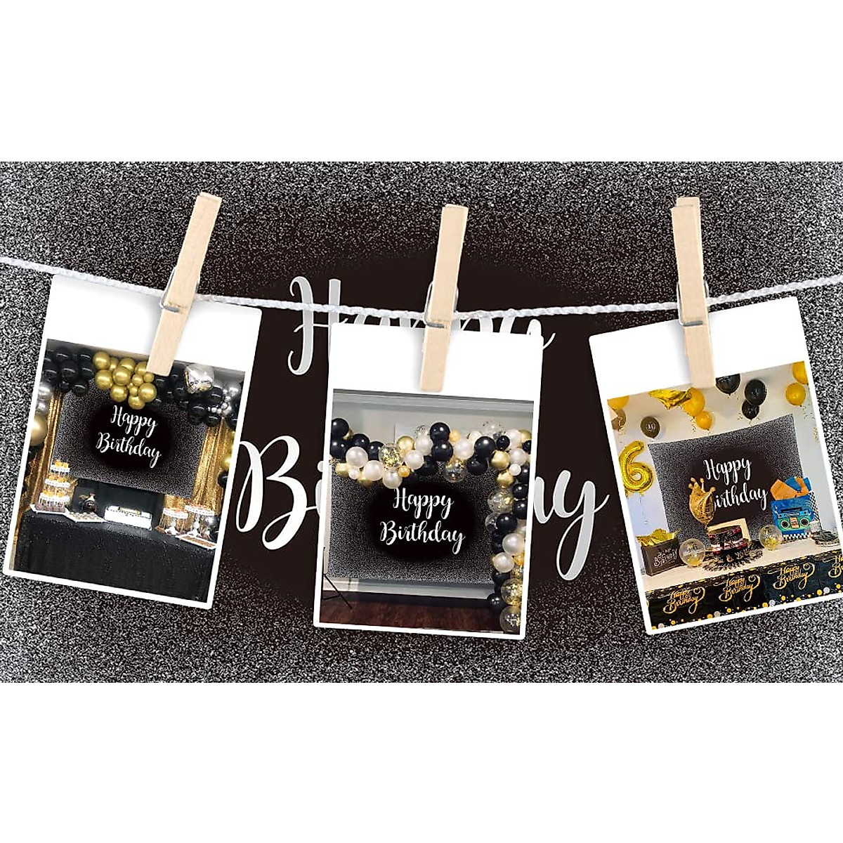 Black and Silver Happy Birthday Backdrop Grey Glitter Photography Background Men Women Adult Birthday Decoration Supplies 7x5FT