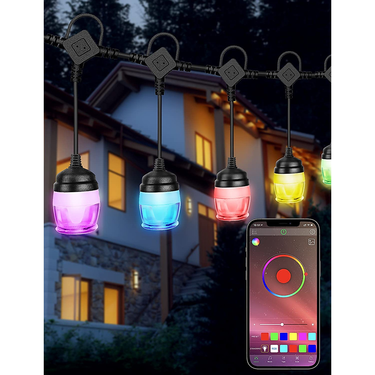 NPET Led Outdoor String Lights,Waterproof Edision Bulbs with RGB Color，Music Sync，Shatterproof WiFi Control Patio Lights，Commercial Grade Outside Lights for Indoor Outdoor,Home Decor,Wedding Party