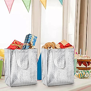 Elsjoy 40 Pack Glossy Reusable Grocery Bags, 10 x 8 Inch Non-woven Tote Shopping Bags with Handle, Silver Shiny Gift Bags Stylish Shopping Bags for Birthday, Wedding, Party, Business