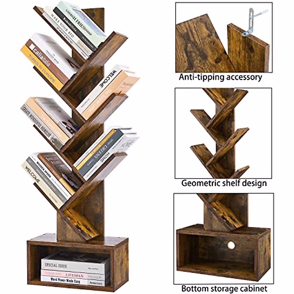 Hoctieon 6 Tier Tree Bookshelf, 6 Shelf Bookcase with Drawer, Modern Book Storage, Free Standing Tree Bookcase, Display Floor Standing Storage Shelf for Books, Utility Organizer Shelves