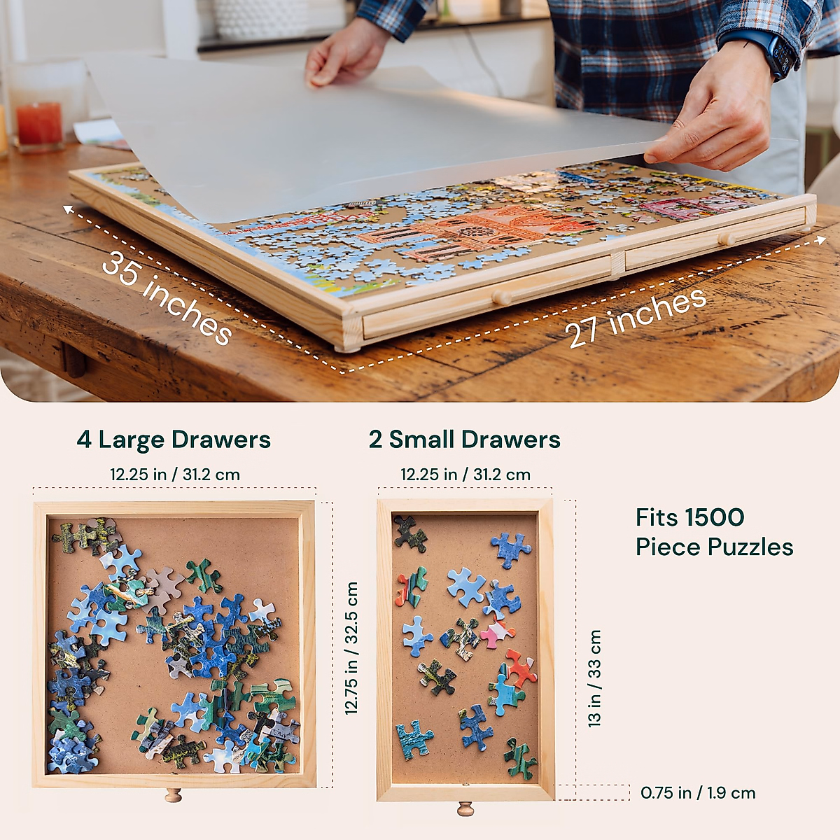 PlayVibe 1500 Piece Rotating Puzzle Board with Drawers and Cover - Sturdy Jigsaw Puzzle Table with 6 Drawers 26" x 35" - Portable Puzzles Boards with Lazy Susan, Wooden, Spinning Puzzles Accessories