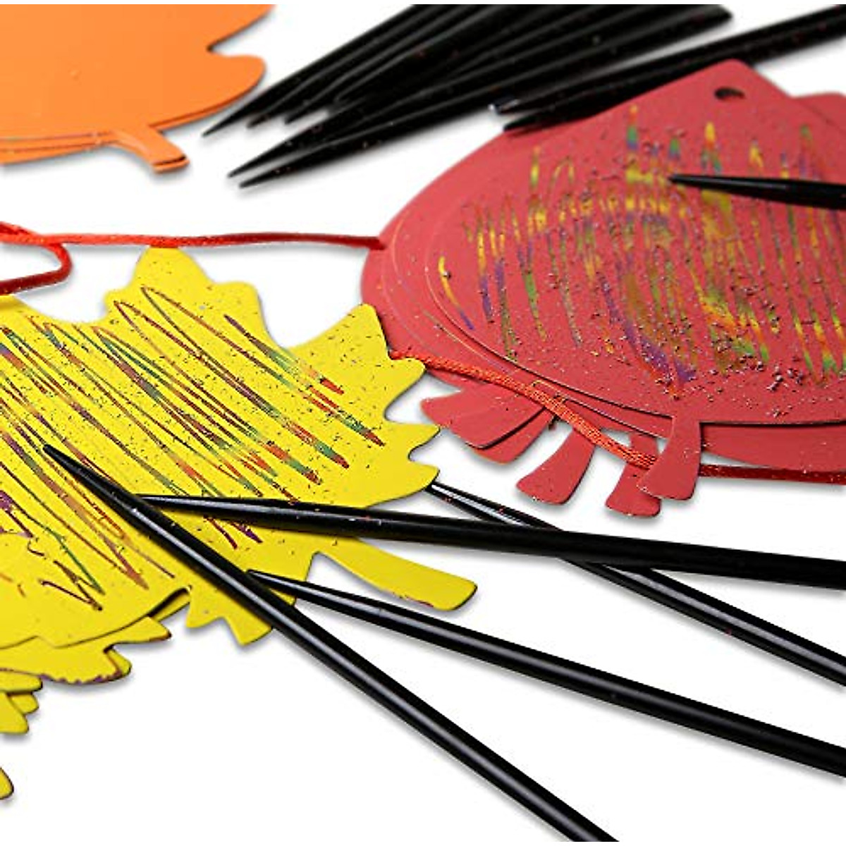 Neliblu Magic Fall Colors Scratch Fall Craft Art Set - Colorful Scratch Paper Autumn Leaves in Bright Fall Colors - Set of 24 Leaves, 24 Scratch Sticks and 24 Ribbons