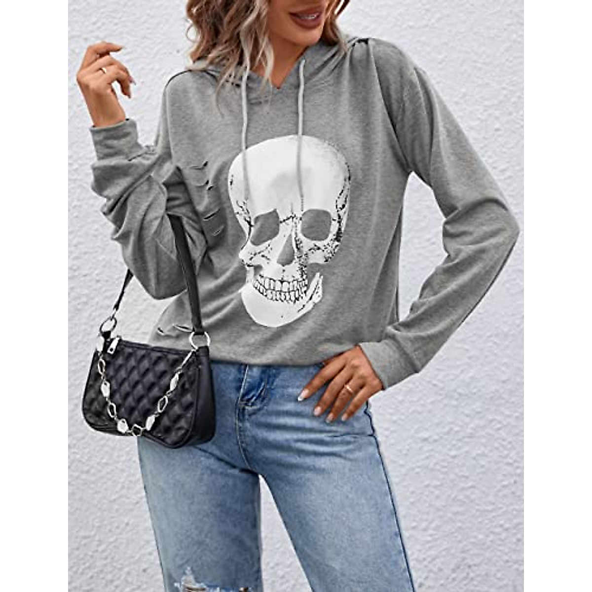 Blooming Jelly Women's Skeleton Hoodie Skull Graphic Hoodies Long Sleeve Top Pullover Oversized Sweatshirt（X-Large,Grey-Hoodie）