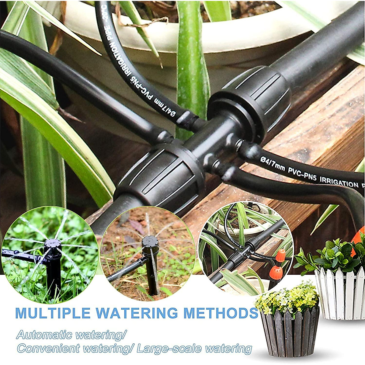 25PCS Drip Irrigation Kits, 5 Barbed Tee 1/2 inch to 1/4 inch Irrigation Tube Variable Diameter Six-Way Adapter and 20 Dripper Emitters Sprayer for 4mm/7mm Hose with Stake Water Flow Adjustable