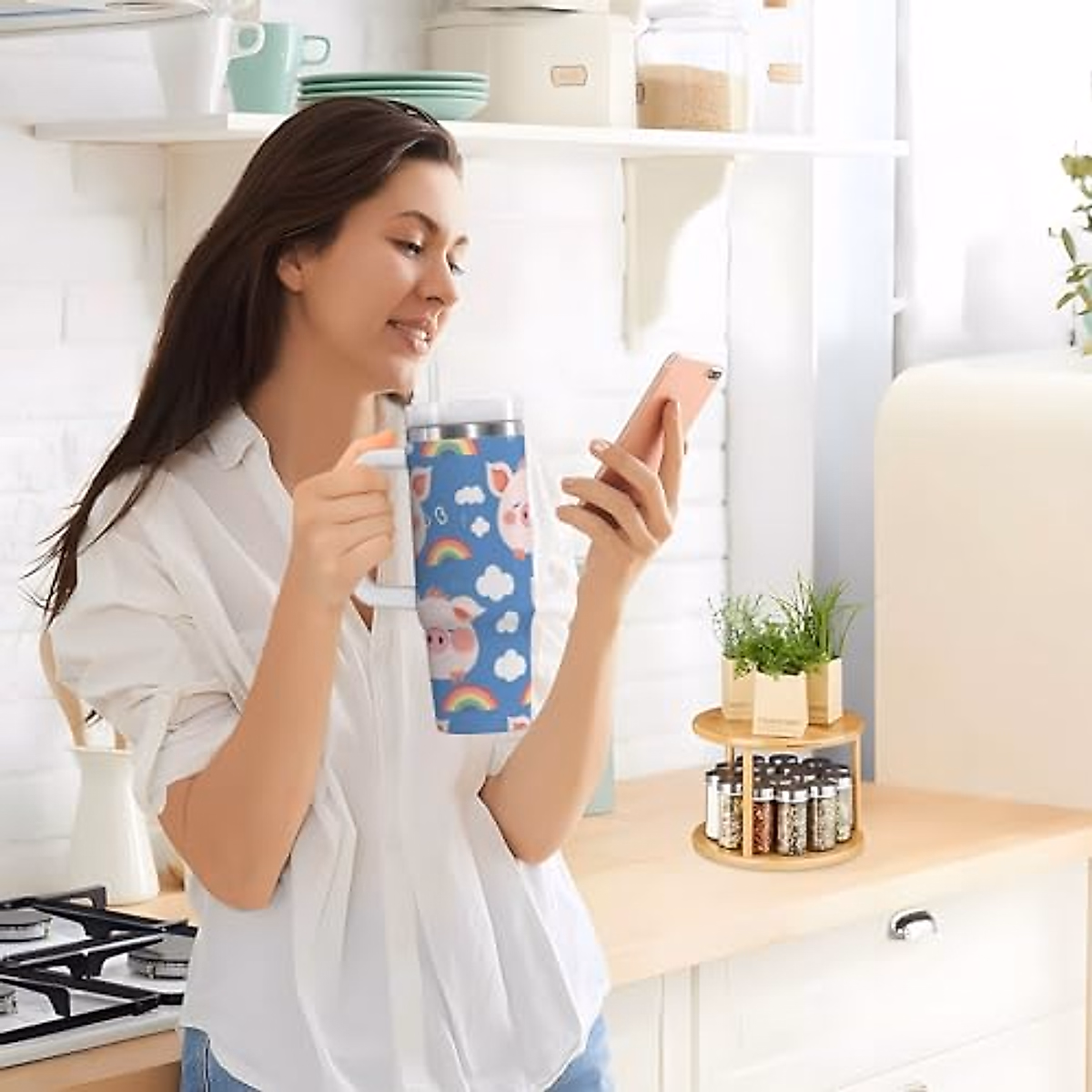 Wusikd Pig Face Tumbler Handle Lid and Straw Rainbow Clouds Water Bottle Stainless Steel Coffee Travel Tumbler Mug Cup Gifts for Men Women 30oz