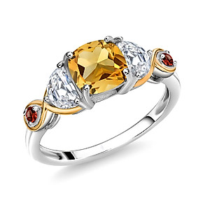 Gem Stone King 925 Silver and 10K Yellow Gold Cushion Citrine and Half Moon Moissanite 3-Stone Engagement Ring For Women (1.62 Cttw, Gemstone Birthstone, Available In Size 5, 6, 7, 8, 9)